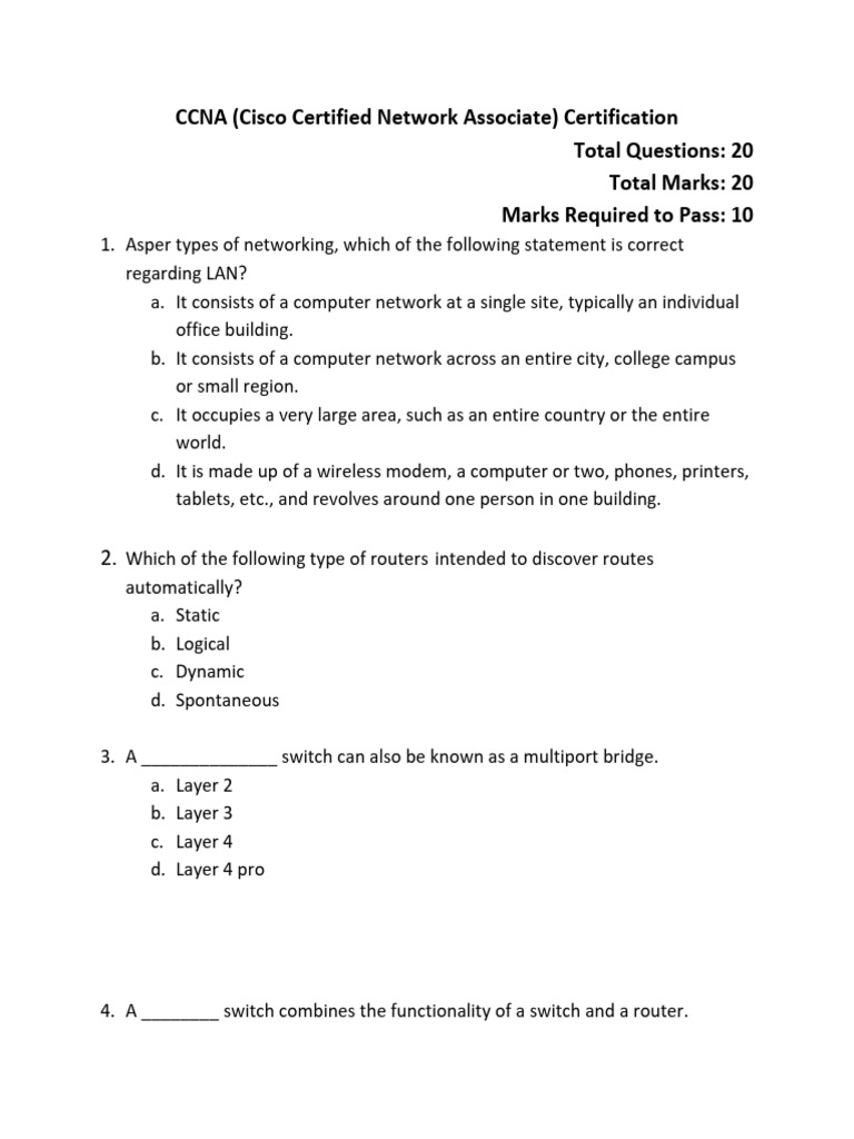 CCNA - Quiz | Download Free PDF | Computer Network | Network Switch
