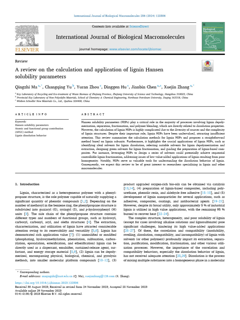 Lignin Hansen Solubility Parameters Review | PDF | Solubility ...
