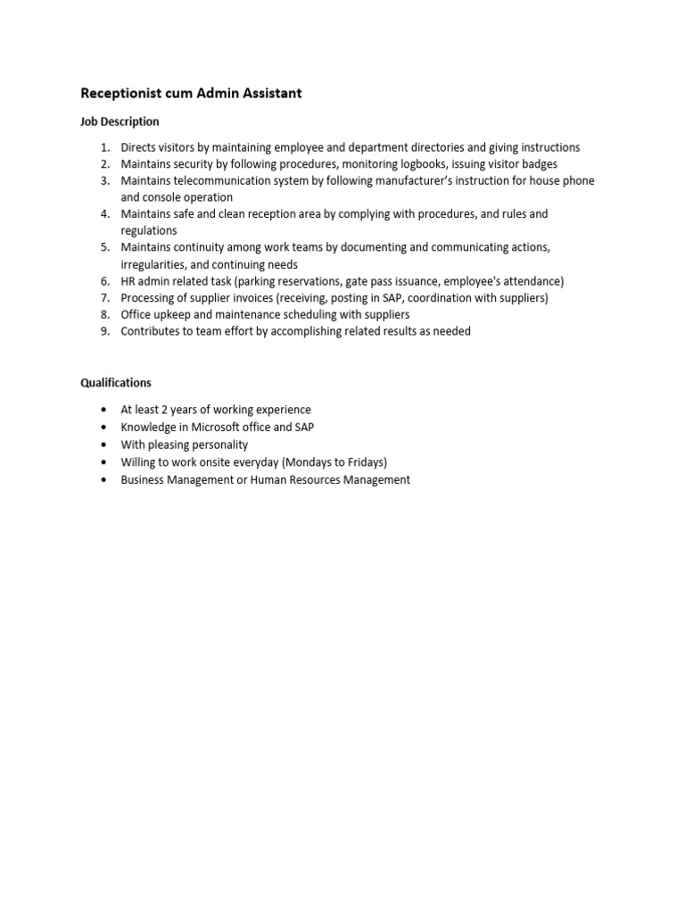 Receptionist cum Admin Assistant Role | PDF
