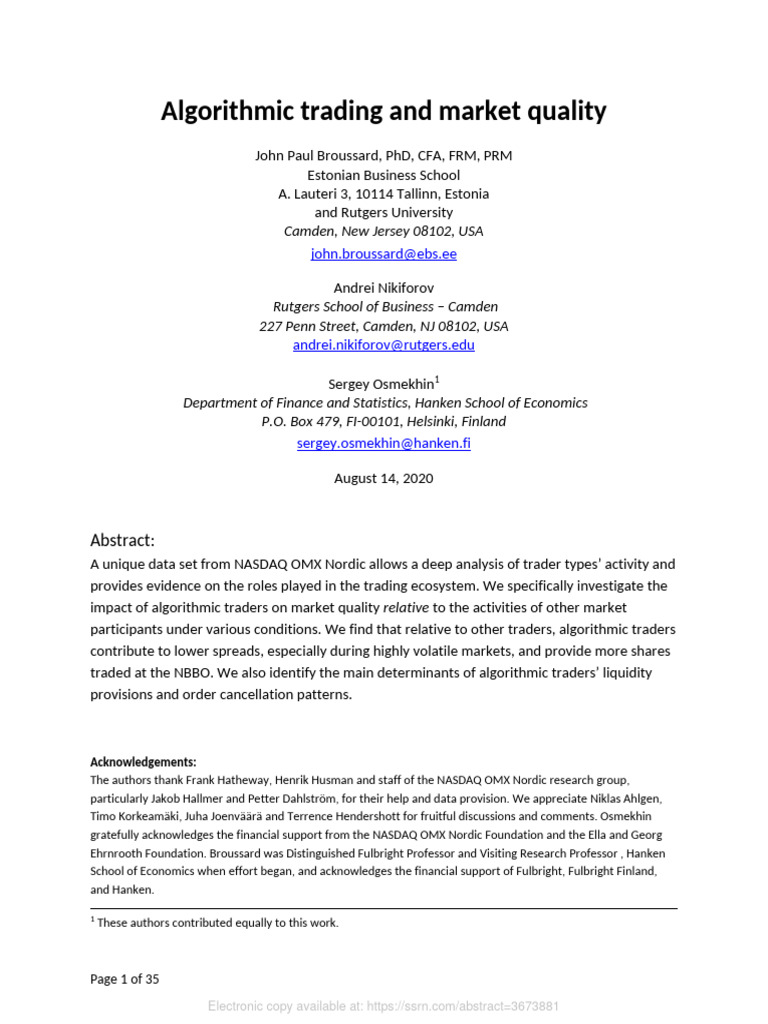 Algorithmic Trading and Market Quality | PDF | Finance & Money Management