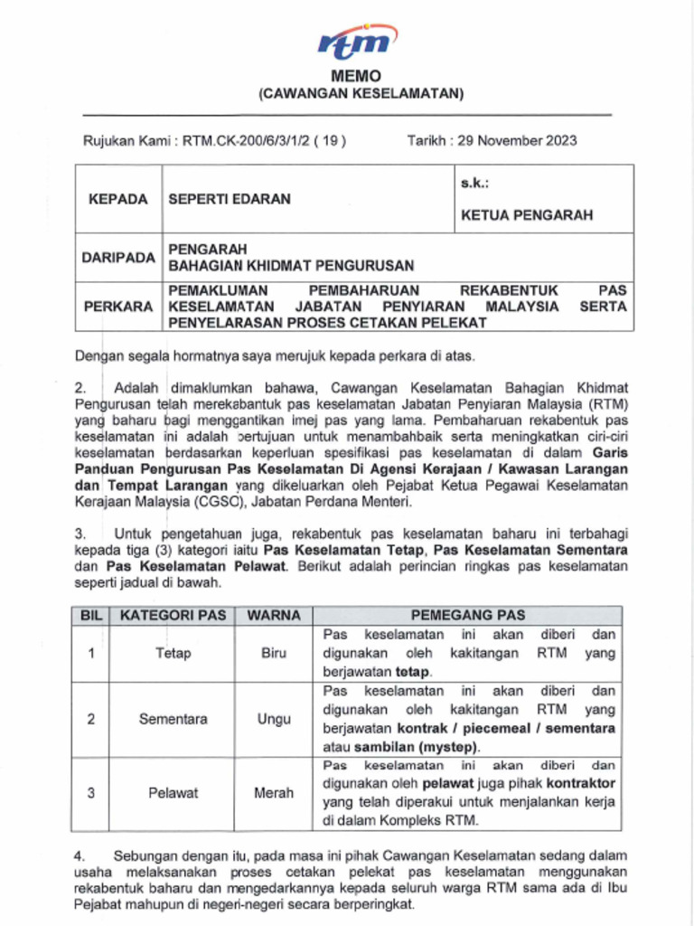 Memo - Pembaharuan Rekabentuk Pas Keselamatan Jabatan Penyiaran ...
