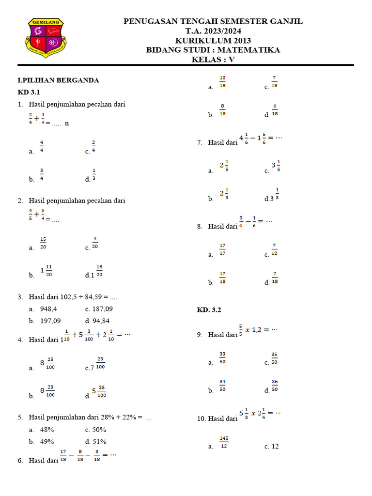PTS Ganjil Matematika | PDF