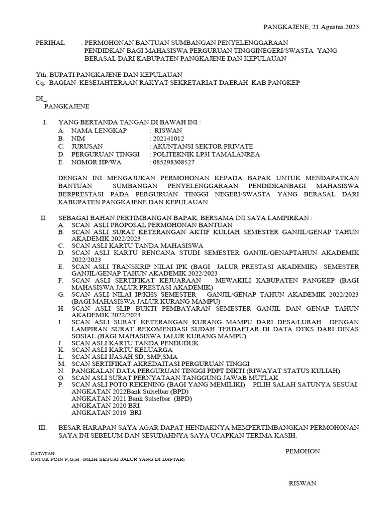 Contoh Surat Permohonan Bantuan SPP Tahun 2023 | PDF