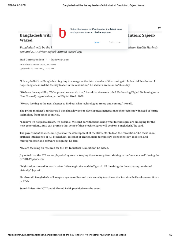 Bangladesh Will Be The Key Leader of 4th Industrial Revolution - Sajeeb Wazed | PDF | Business