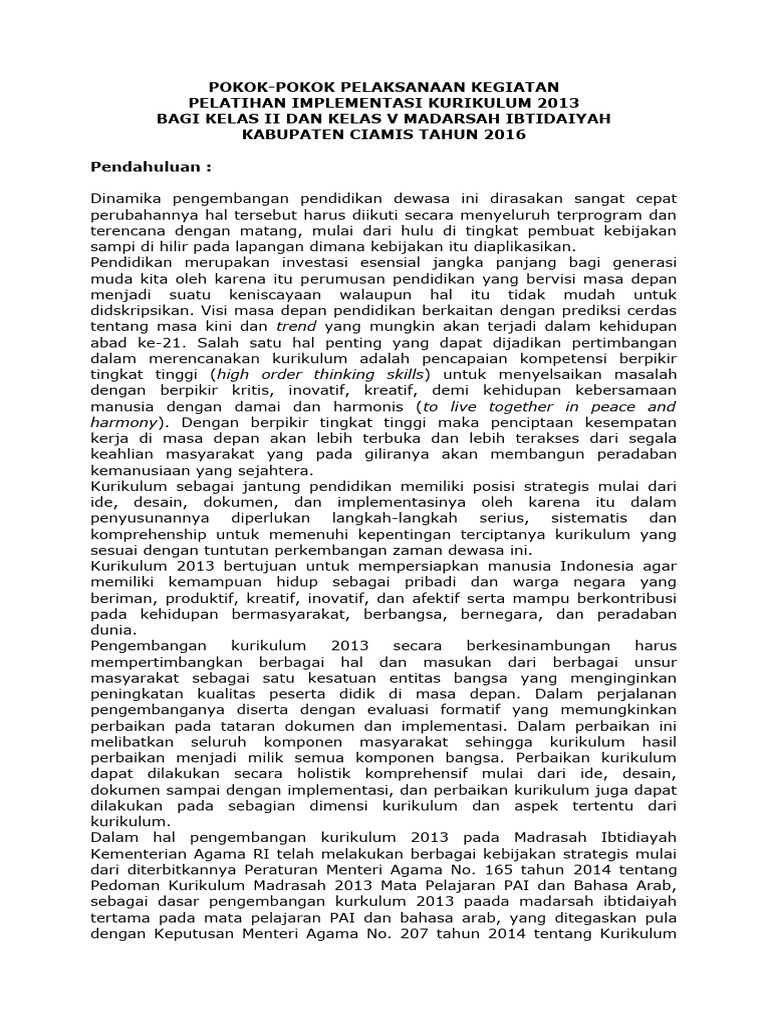 Tor Pelatihan Implementasi Kurikulum 2013 | PDF