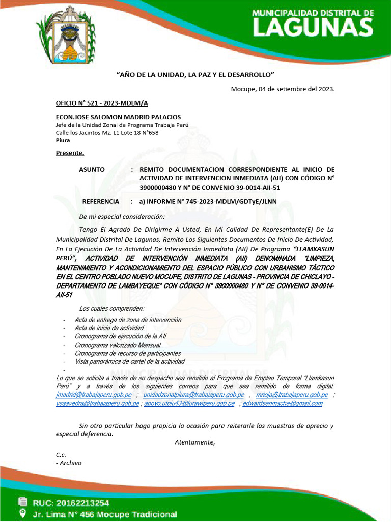 OFICIO N°521 2023-AII - Inicio Nuevo Mocupe | PDF