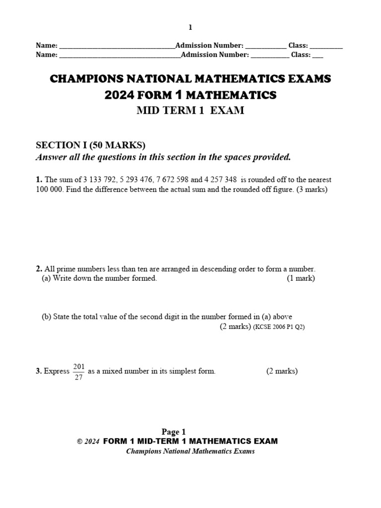 2024 F1 Maths T1-MID TERM EXAMS | PDF