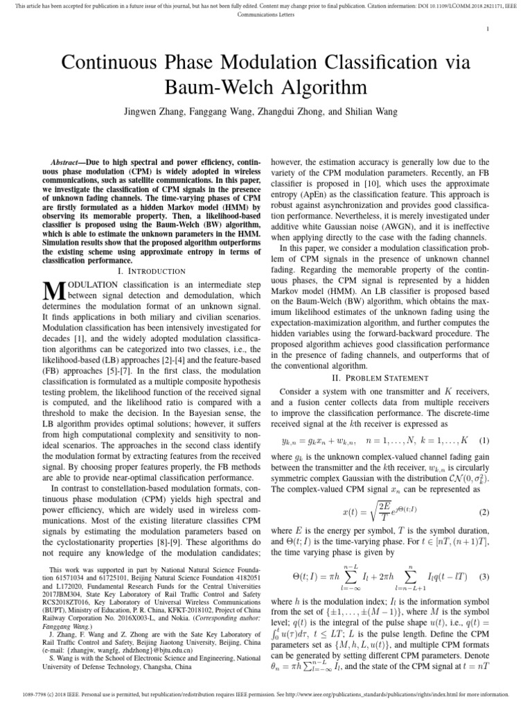 Continuous Phase Modulation Classification Via Baumwelch Algorit 2018 ... Continuous Phase Modulation Classification Via Baumwelch Algorit 2018 ...