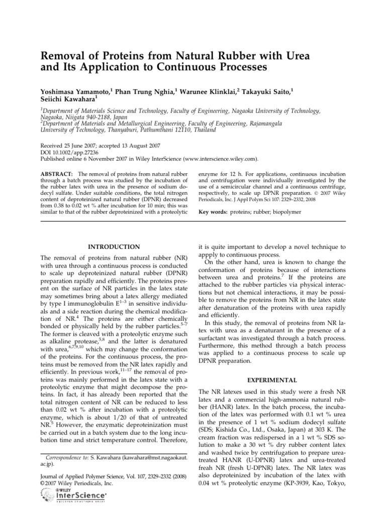 Removal of Proteins From Natural Rubber With Urea | PDF