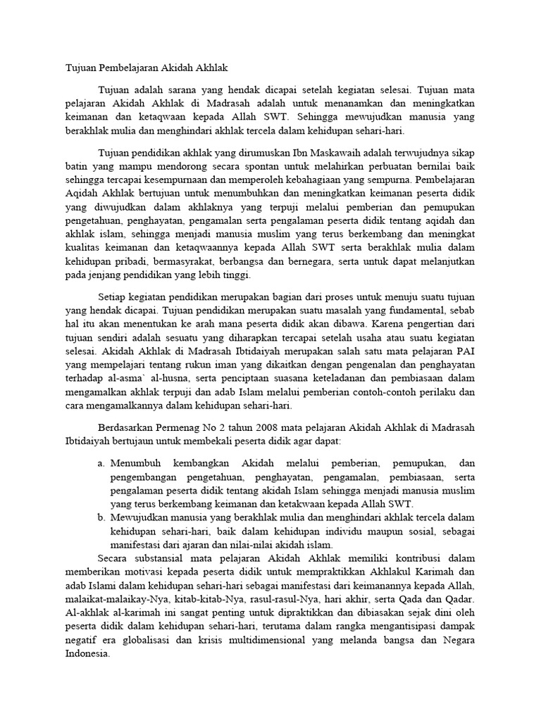 Tujuan Pembelajaran Akidah Akhlak 2 | PDF