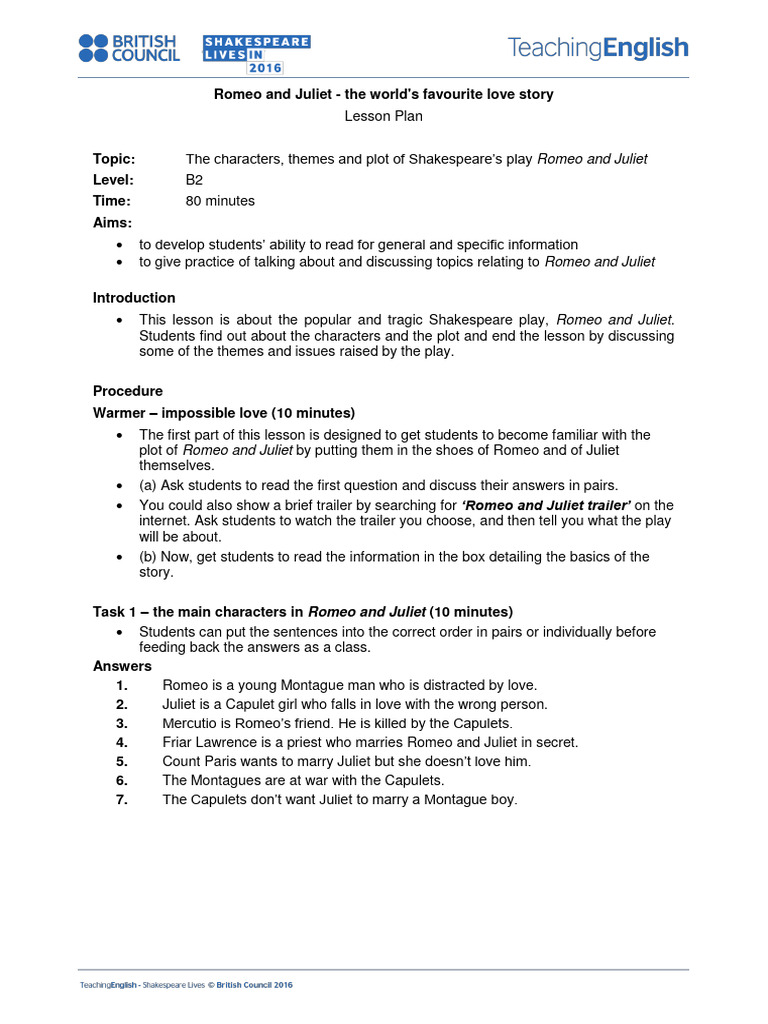 Romeo and Juliet - The World's Favourite Love Story Lesson Plan - 0 | PDF