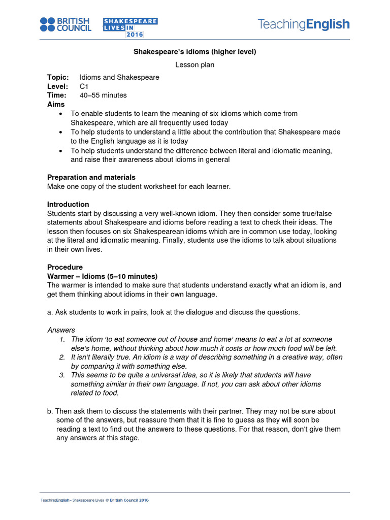 Shakespeares Idioms Higher Level Lesson Plan | PDF