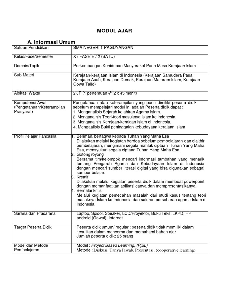 Modul Ajar Sejarah - Modul Ajar Sejarah Kelas X - Perkembangan Islam Di Indonesia - Fase E | PDF