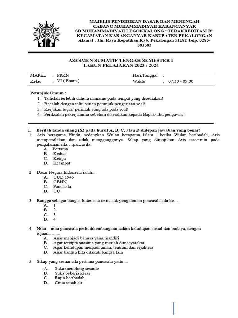 Soal PTS PPKN Kelas-6 | PDF