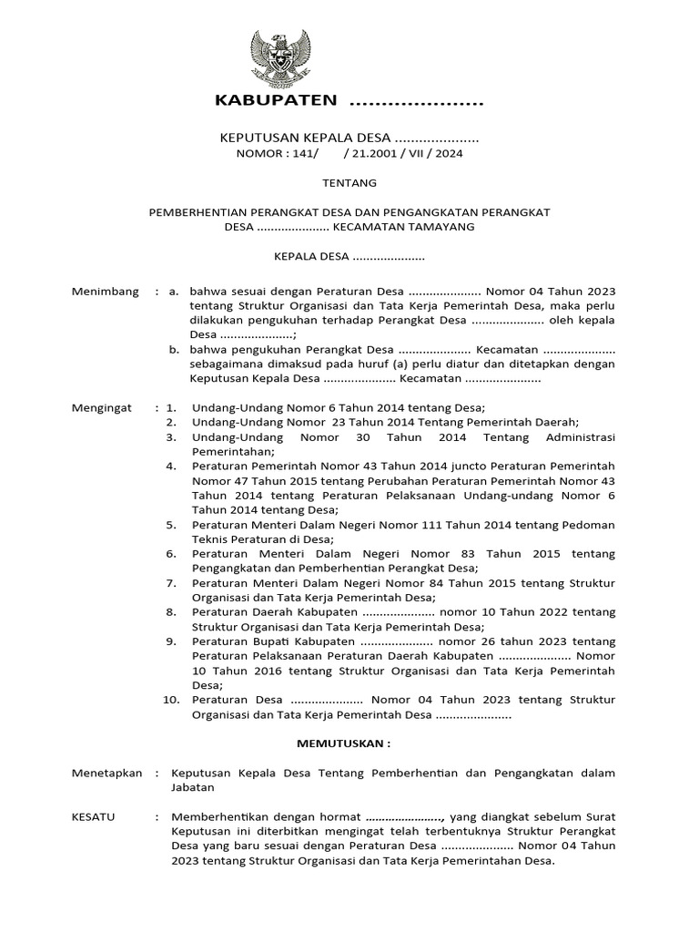 Contoh SK Perangkat Desa 2024 | PDF