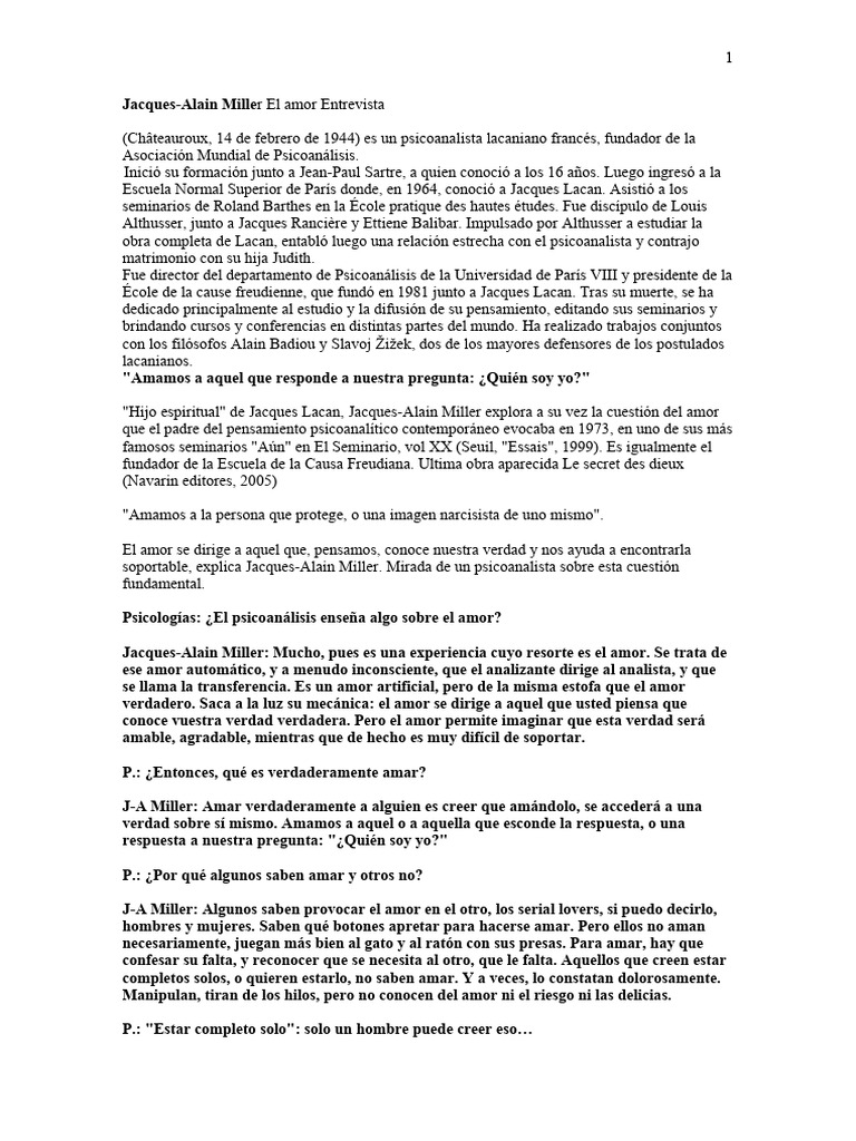 Jacques A. Miller Amo, R Entrevista | PDF | Amor | Jacques Lacan