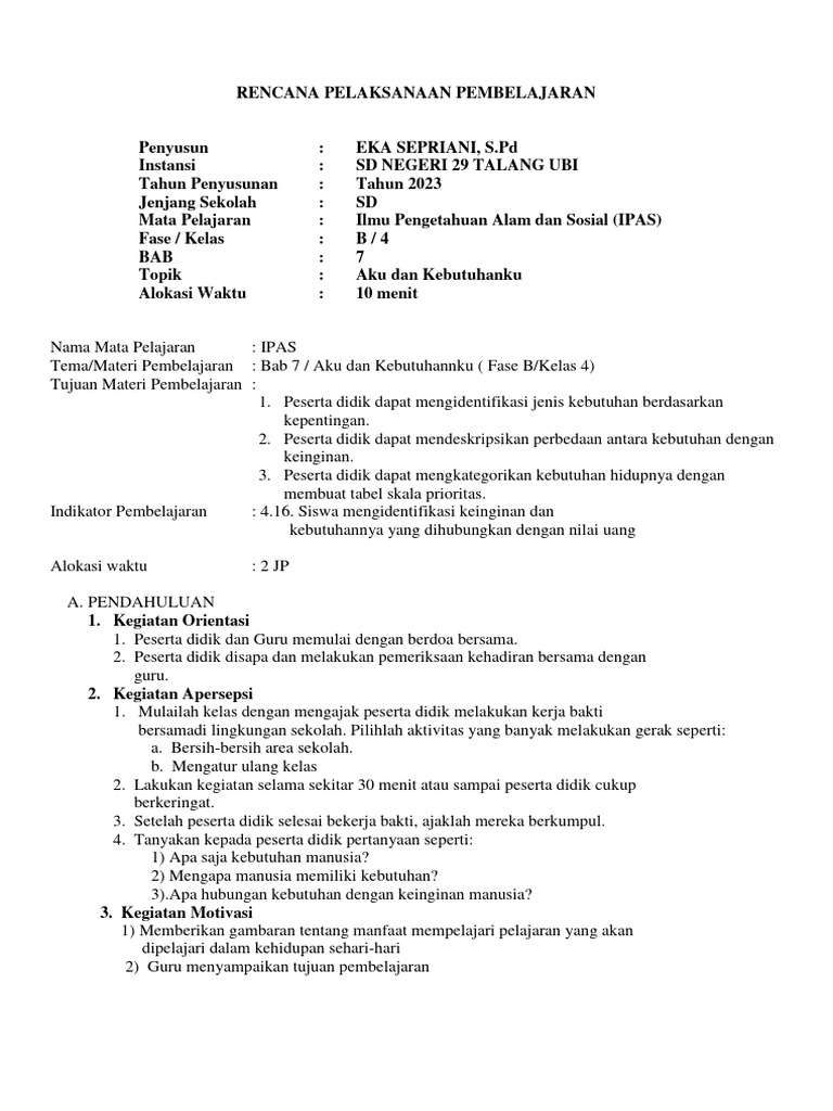 RPP IPAS Kelas 4: Kebutuhan vs Keinginan | PDF