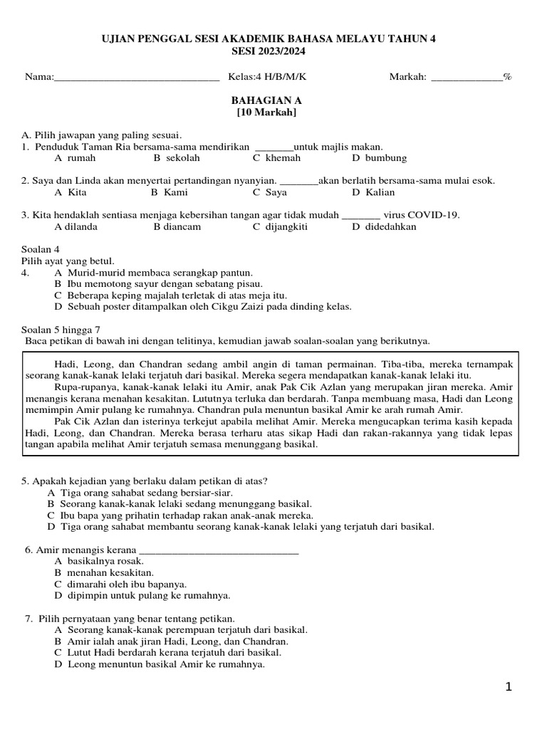 Ujian Bahasa Melayu Tahun 4 2023/2024 | PDF