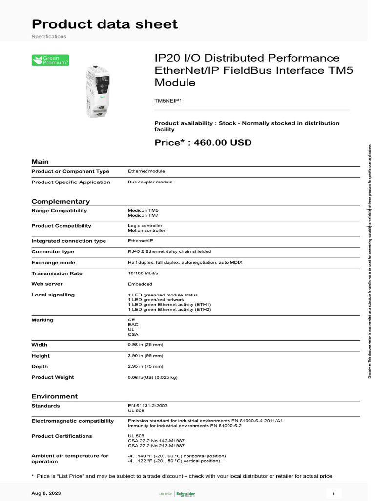 Modicon TM5 Expansion I - O For M258 and LMC058 Controllers - TM5NEIP1 ...