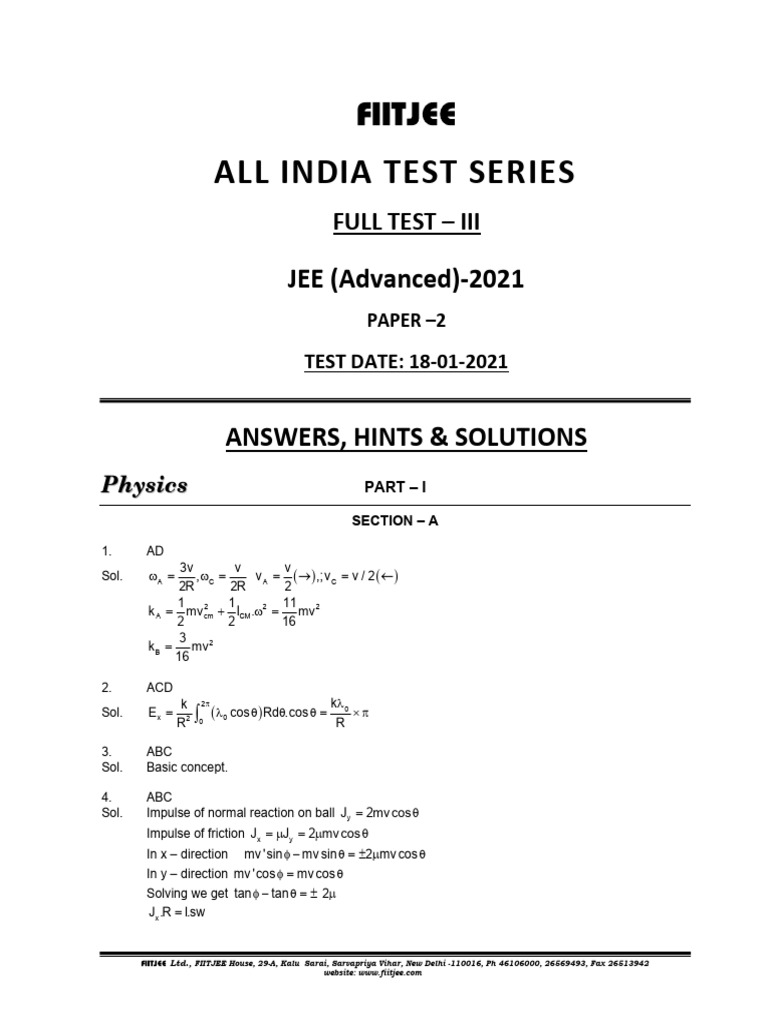 JEE Advanced 2021 AITS Paper 2 Solutions | PDF | Chemistry | Physical ...