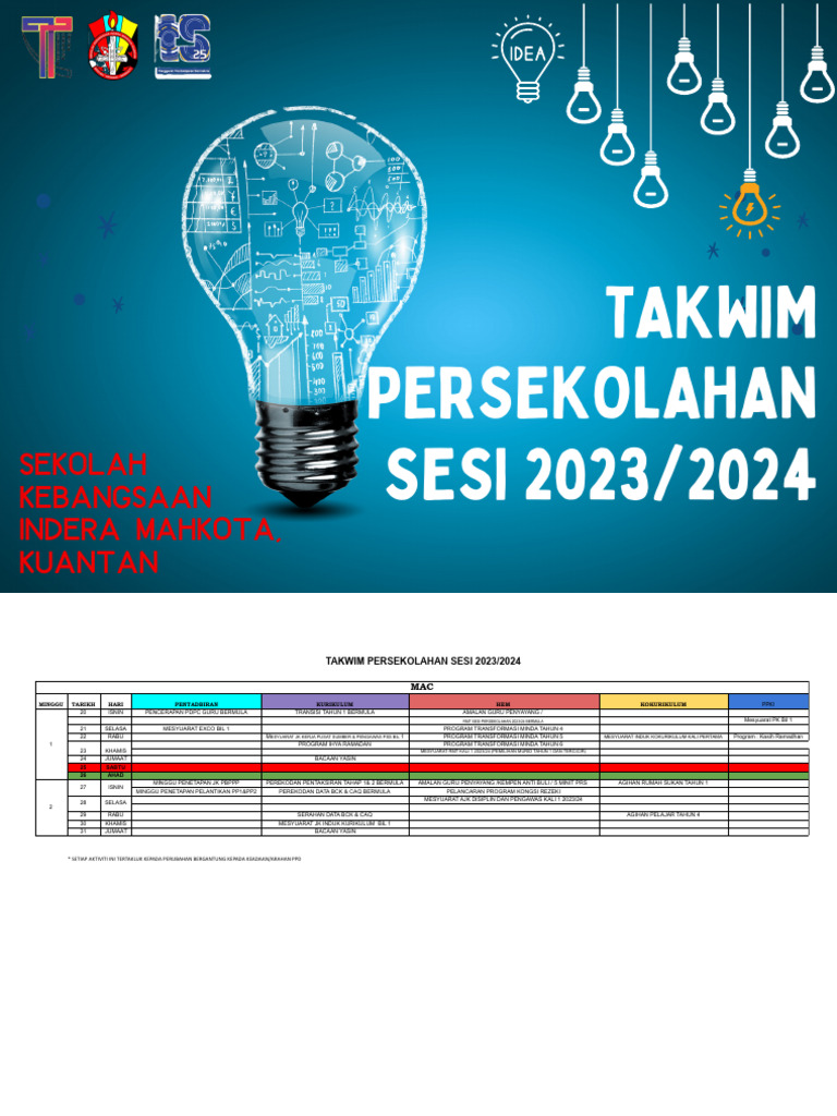 Takwim Pengurusan Persekolahan Sesi 2023 2024 | PDF