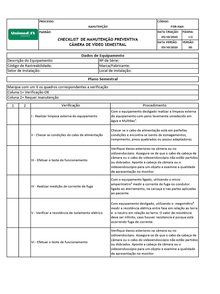 Checklist Camera de Vídeo Semestral | PDF