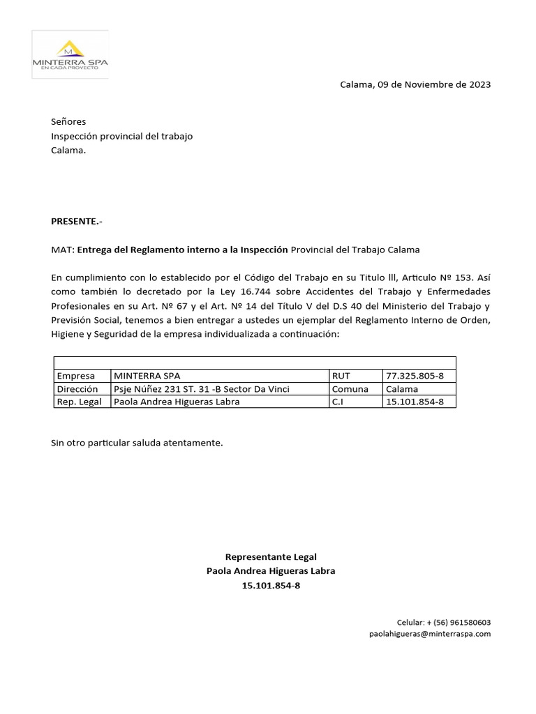 Carta Inspeccion Recepcion Reglamento | PDF