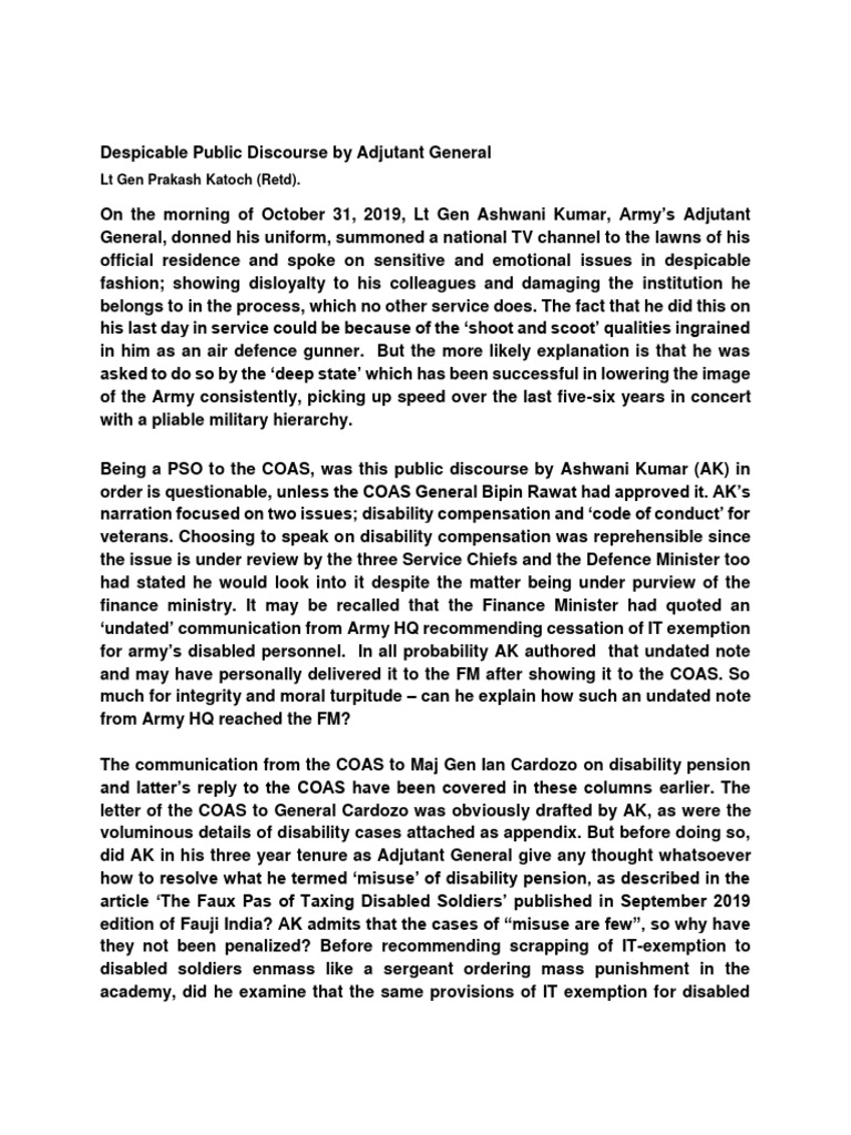 Fauji India - Descipable Public Discourse by Adjutant General | PDF