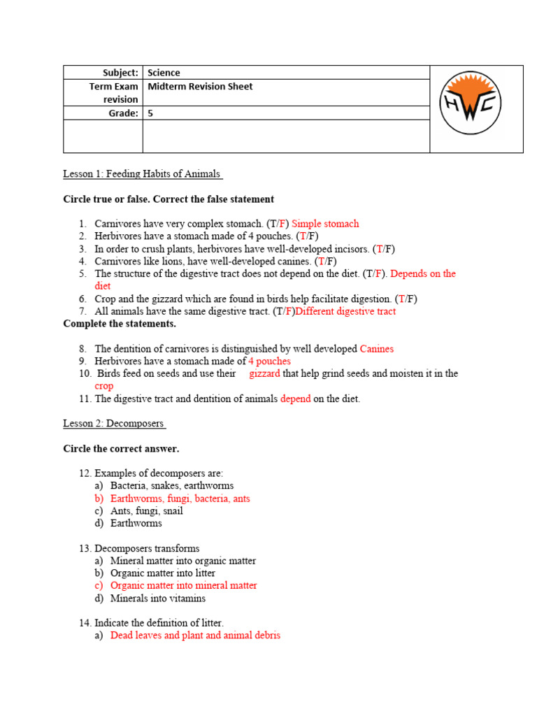 Mid-Revision Grade 5 Answer Key - Copy - Copy 2 | PDF | Soil | Organic ...