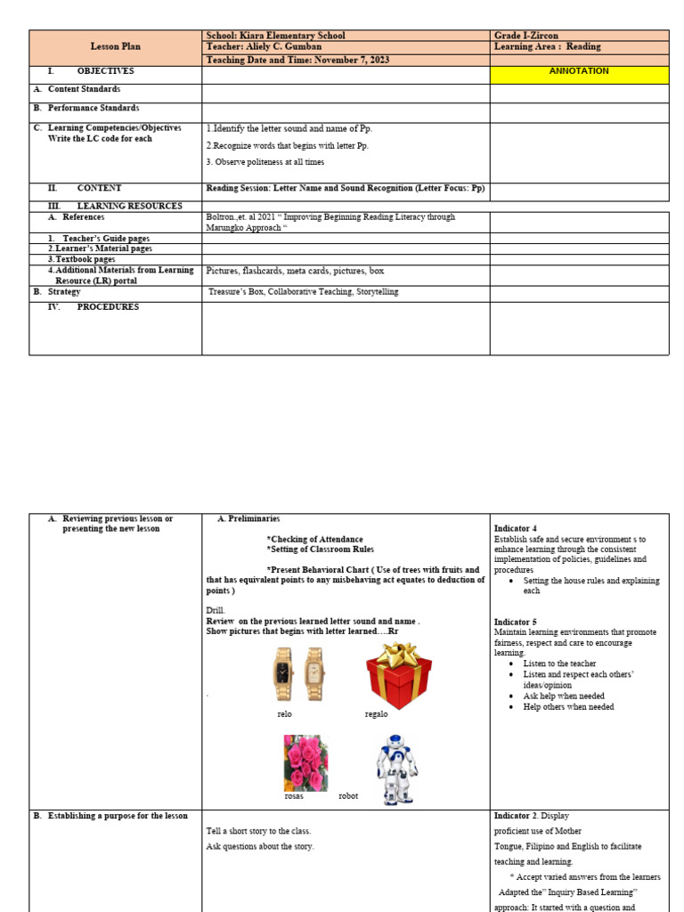 Lesson Plan Grade1 2022 2023 | PDF
