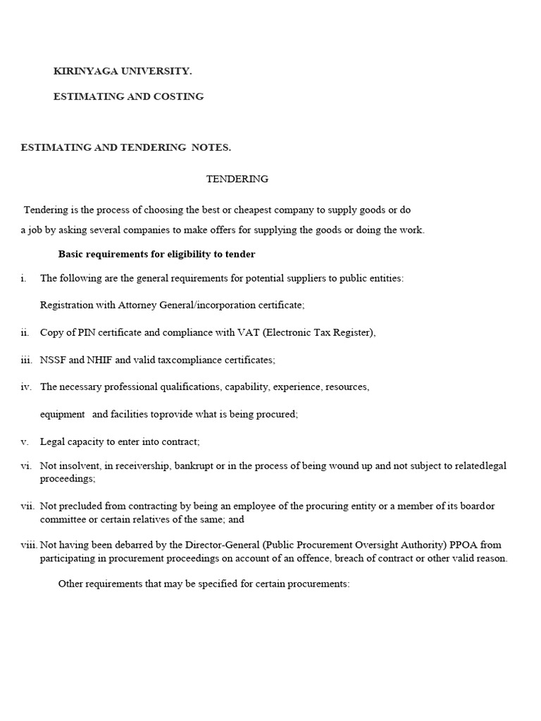 Estimating and Tendering Notes | Download Free PDF | Procurement ...