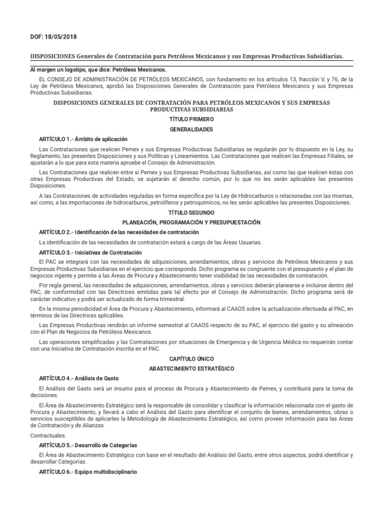 DOF - Disposiciones Generales de Contratación para PM | PDF
