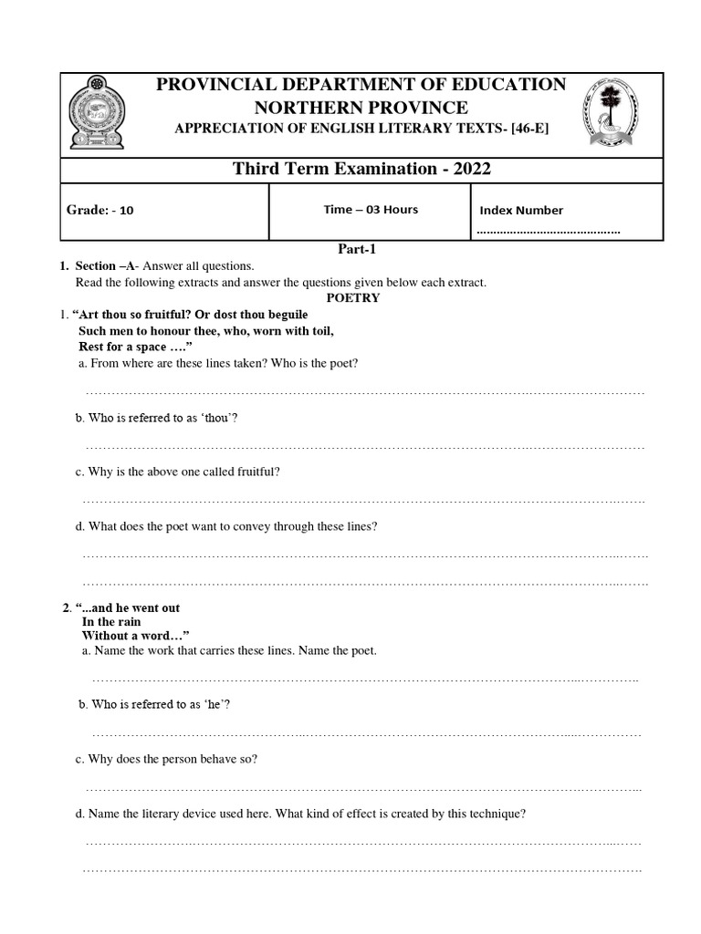 Grade 10 English Literature Exam | PDF