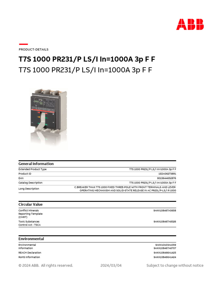 T7S 1000 PR231/P LS/I in 1000A 3p F F | PDF | Power Engineering | Electric Power