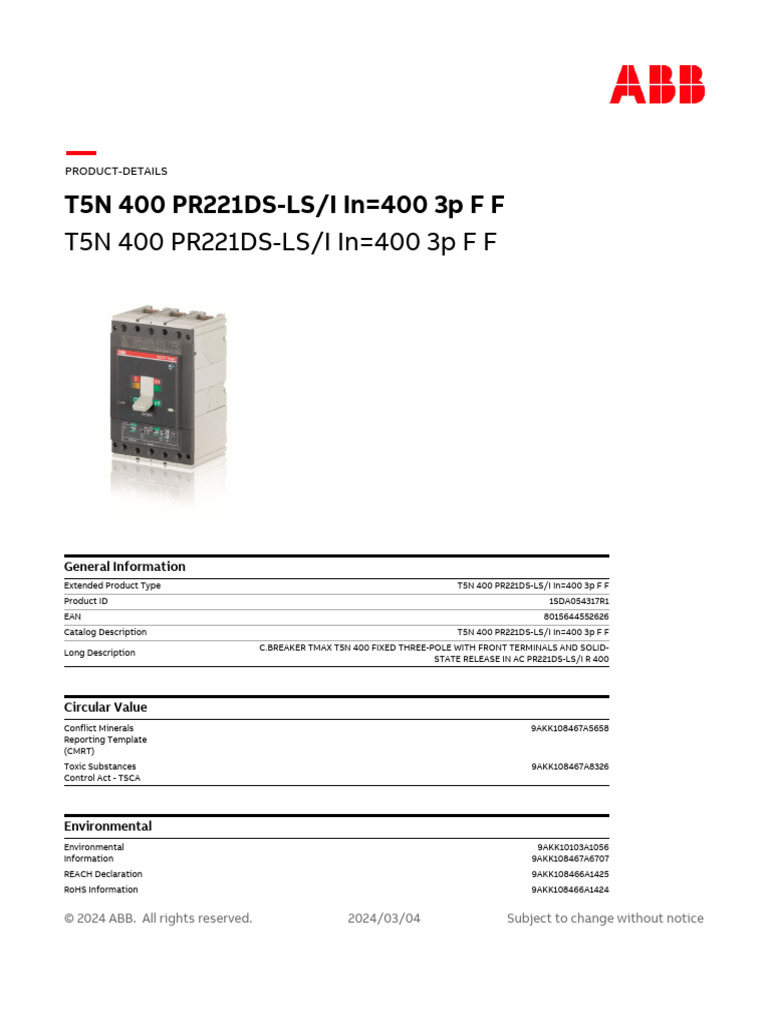 1SDA054317R1 t5n 400 pr221ds Ls I in 400 3p F F | PDF