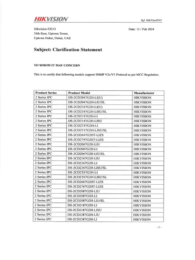 Hikvision SNMP Clarification Statement - MCC Regulation 20240215 | PDF