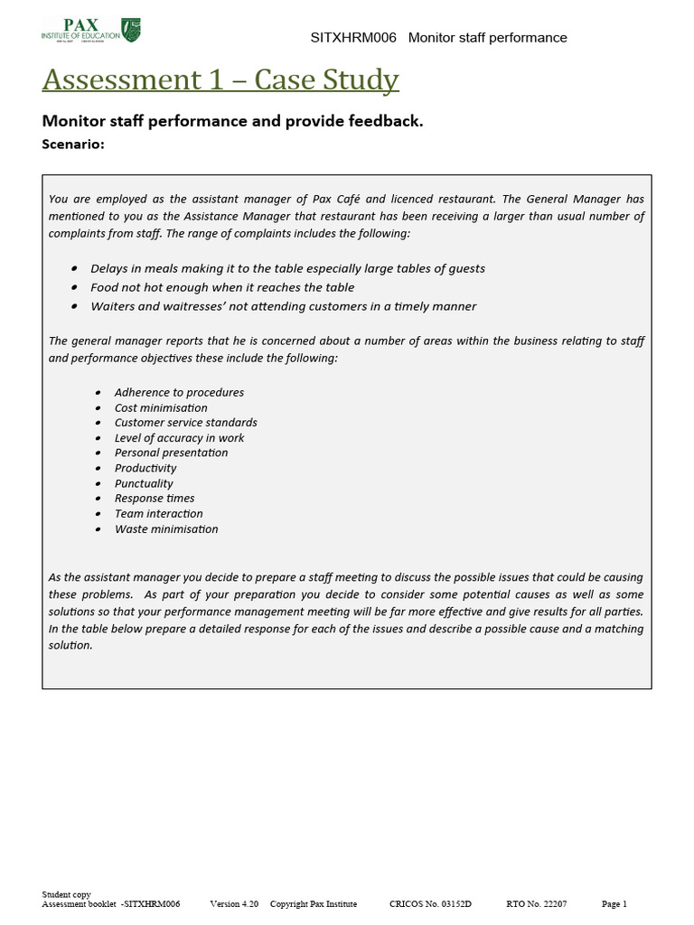 SITXHRM006 Assessment 1 CASE STUDY TEMPLATE | PDF | Waiting Staff | Kitchen