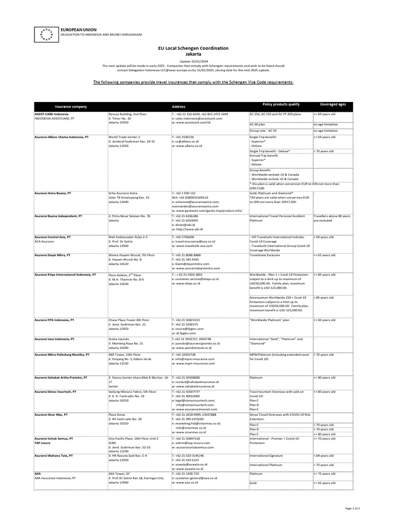 Travel Insurance List 2024 | PDF