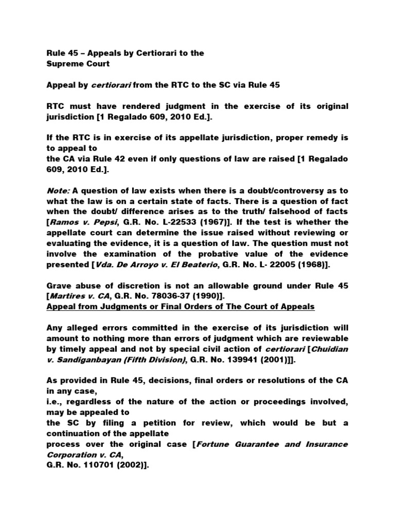 RULE 45 Outline v3 | PDF | Certiorari | Appeal