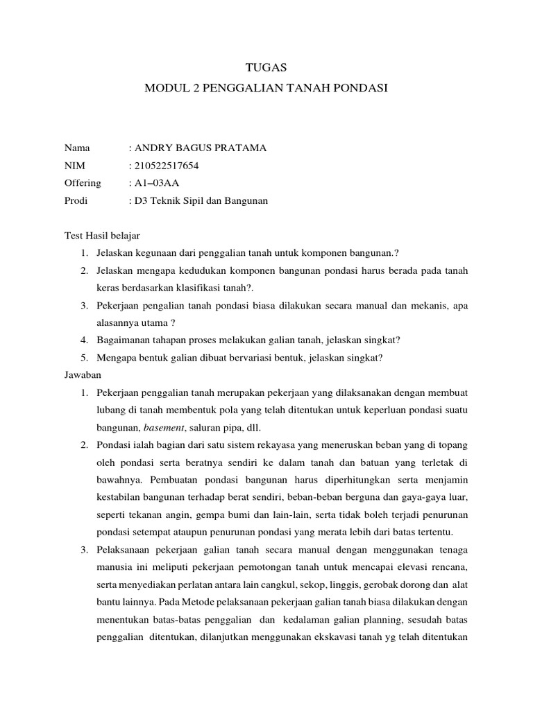 Tugas MODUL 2 Penggalian Tanah Pondasi | PDF