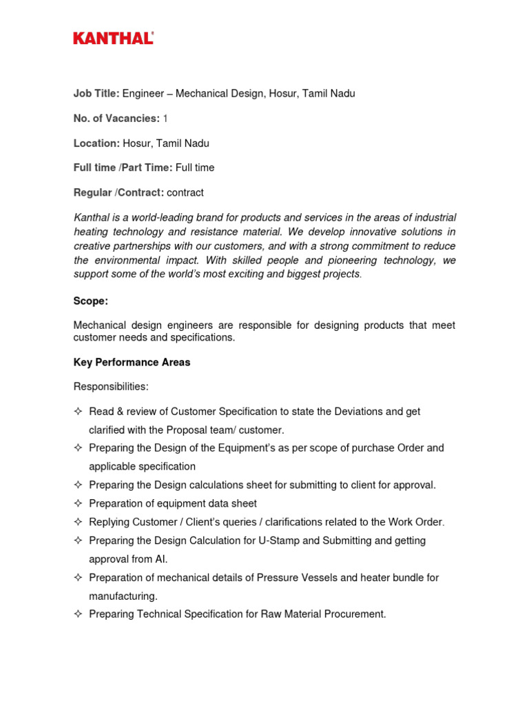 JD for Engineer - Mechanical Design | PDF | Mechanical Engineering | Specification (Technical ...