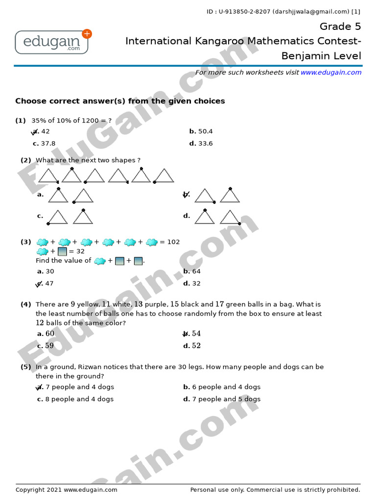 Grade 5 Kangaroo Benjamin PK - 4 | PDF