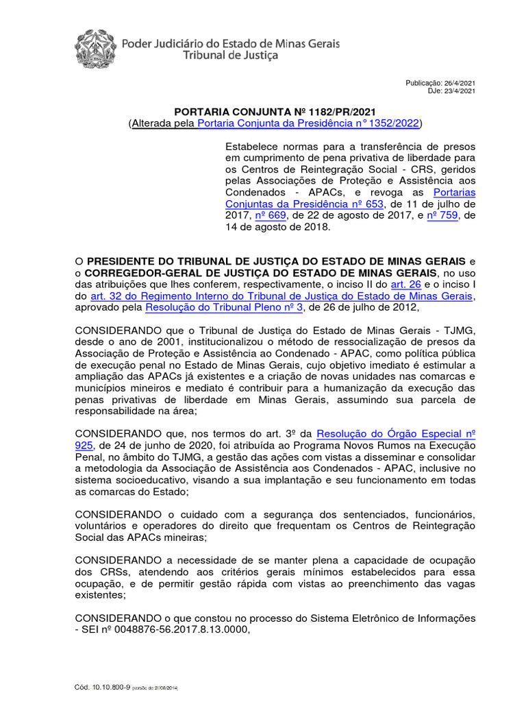 Portaria - Conjunta - Da - Presidencia - 1182 - 2021 TRANSFERÊNCIA APAC | PDF | Pena de morte ...