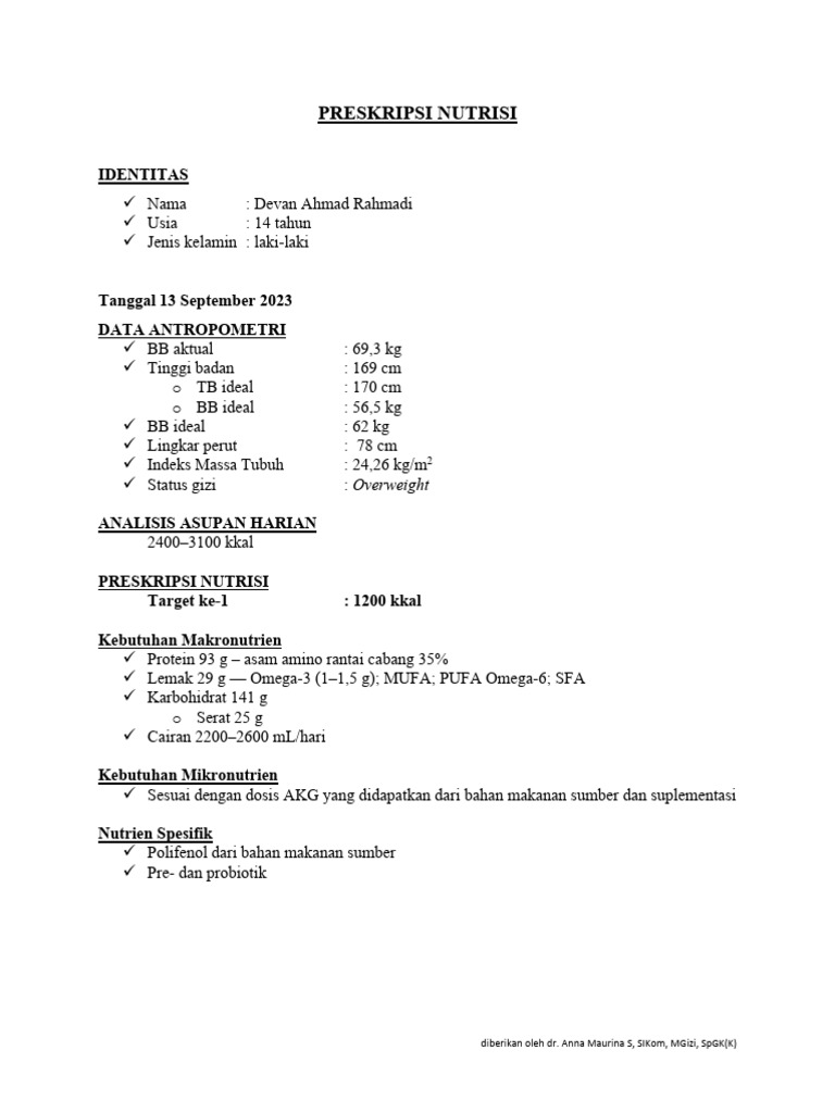 Preskripsi Nutrisi Devan Ahmad Rahmadi (13 September 2023) | PDF