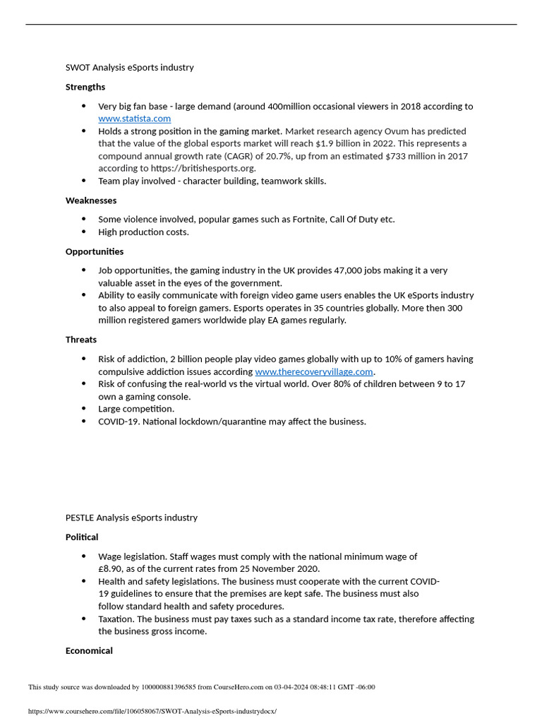 SWOT Analysis Esports Industry | PDF