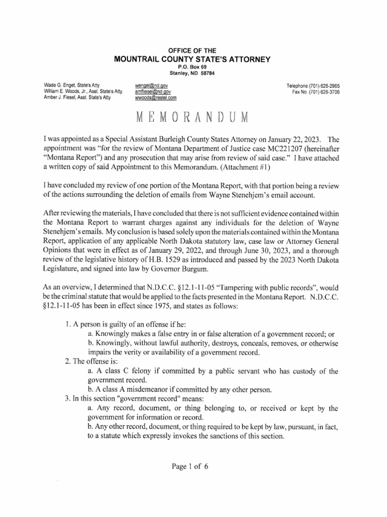 Burleigh County Conflict Case Stenehjem Email No Prosecution Letter | PDF