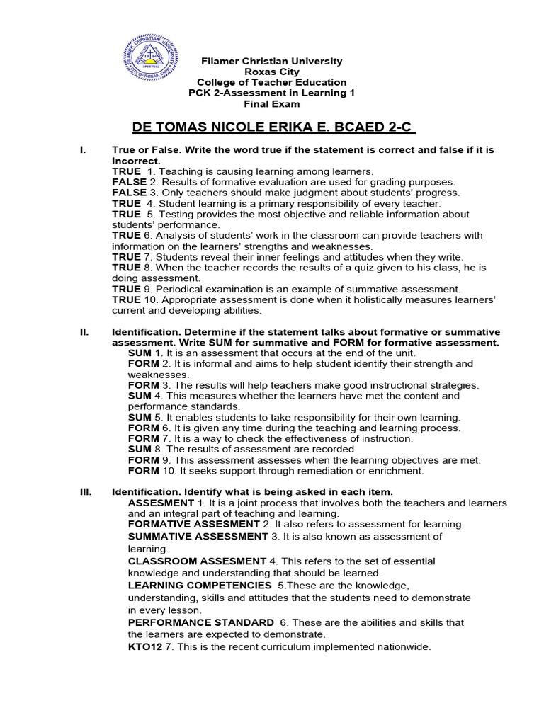 Assesment in Learning Exam | PDF | Educational Assessment | Learning