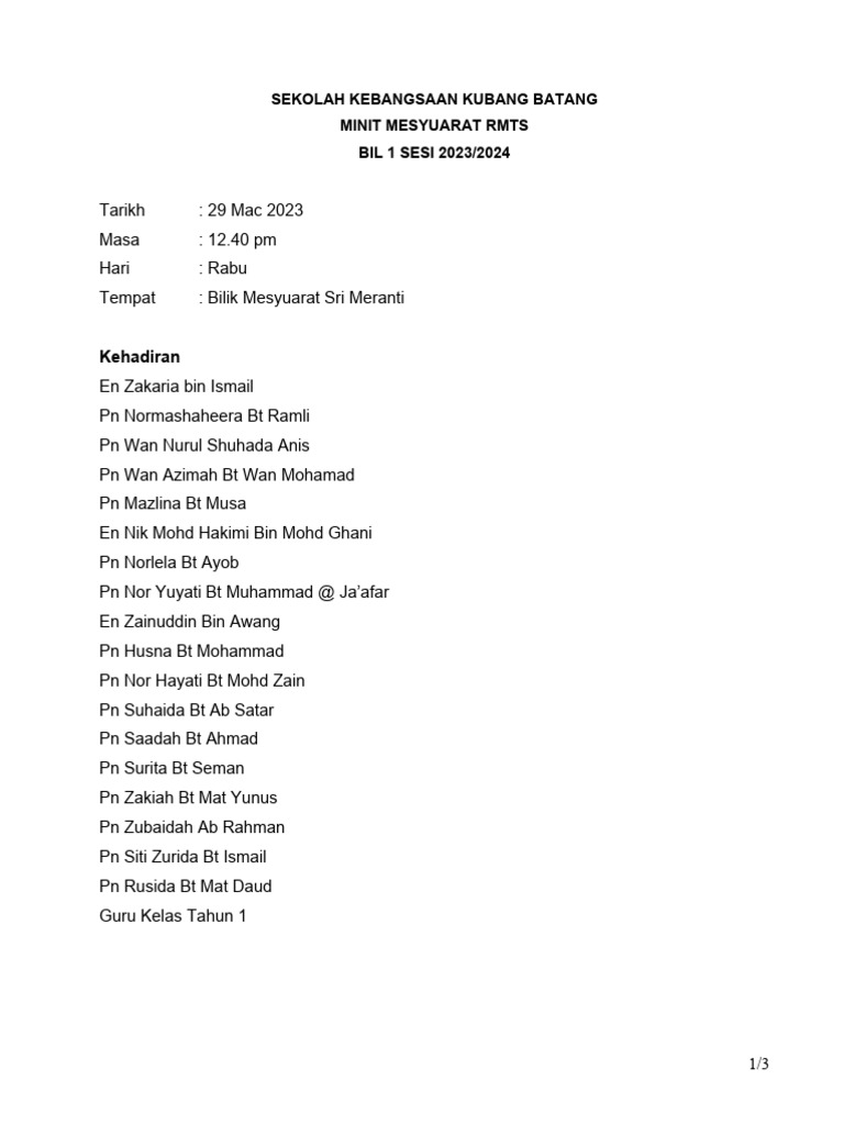 Minit Mesy Bil 1 2023 2024 | PDF