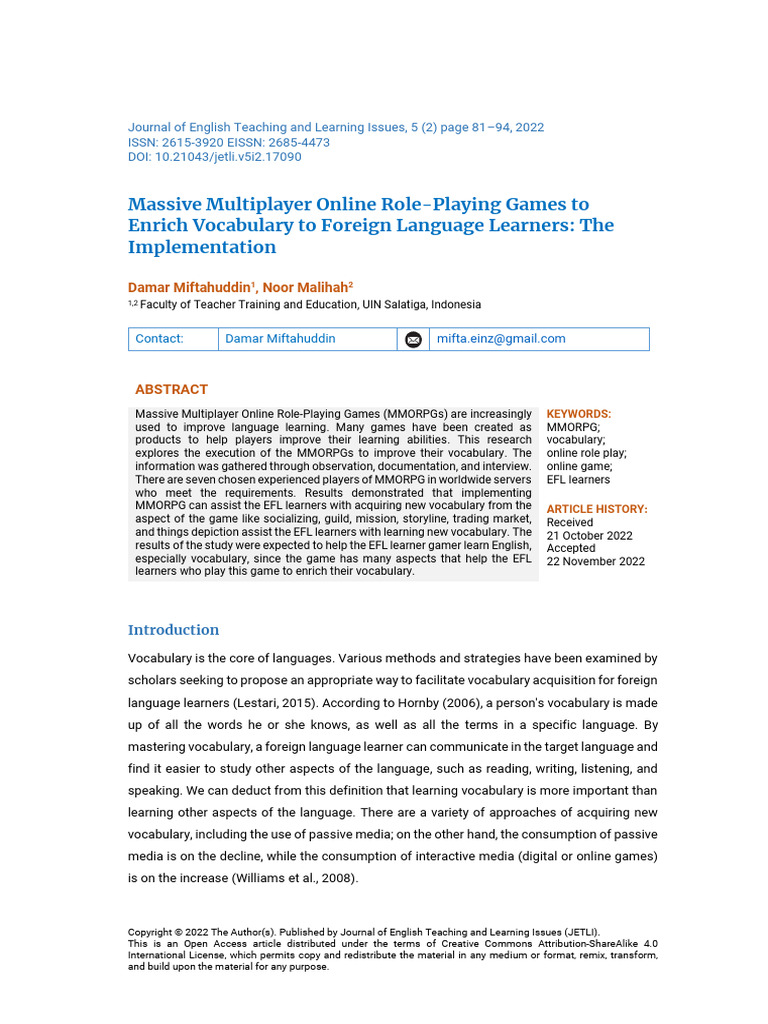 Massive Multiplayer Online Role-Playing Games To Enrich Vocabulary To Foreign Language Learners ...