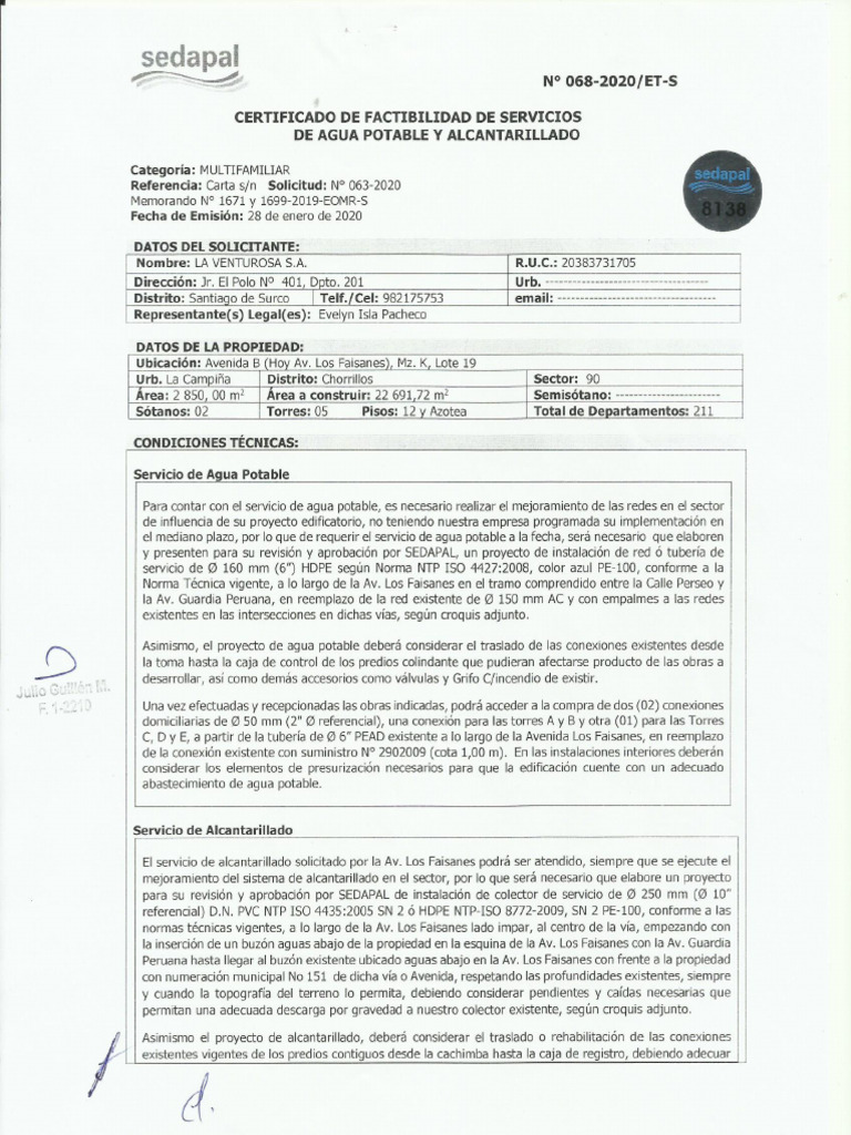 Resolucion Certificado de Factibilidad Agua y Alcantarillado | PDF